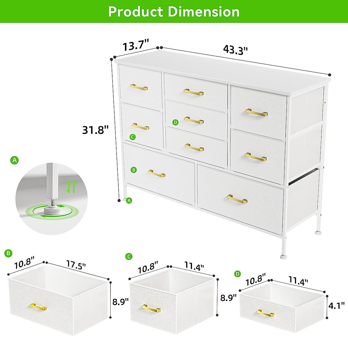 YILQQPER Dresser for Bedroom with 9 Drawers, Dresser TV Stand for 50" TV, Wide Bedroom Dresser Storage Organizers, Fabric Chest of Drawers, Dresser for Living Room, Closet, White
