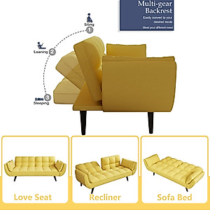 Majnesvon Velvet Futon Sofa Couch Bed with 2 Pillows, Convertible Folding Futon Couch with Adjustable Backrest, Love Seat Sleeper Sofa Bed for Small Spaces, Living Room, Office, Apartment (Yellow)
