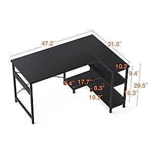ODK Small L Shaped Computer Desk, 48 Inch Corner Desk with Reversible Storage Shelves & Iron Hook, Modern Simple Writing Study Table, Black