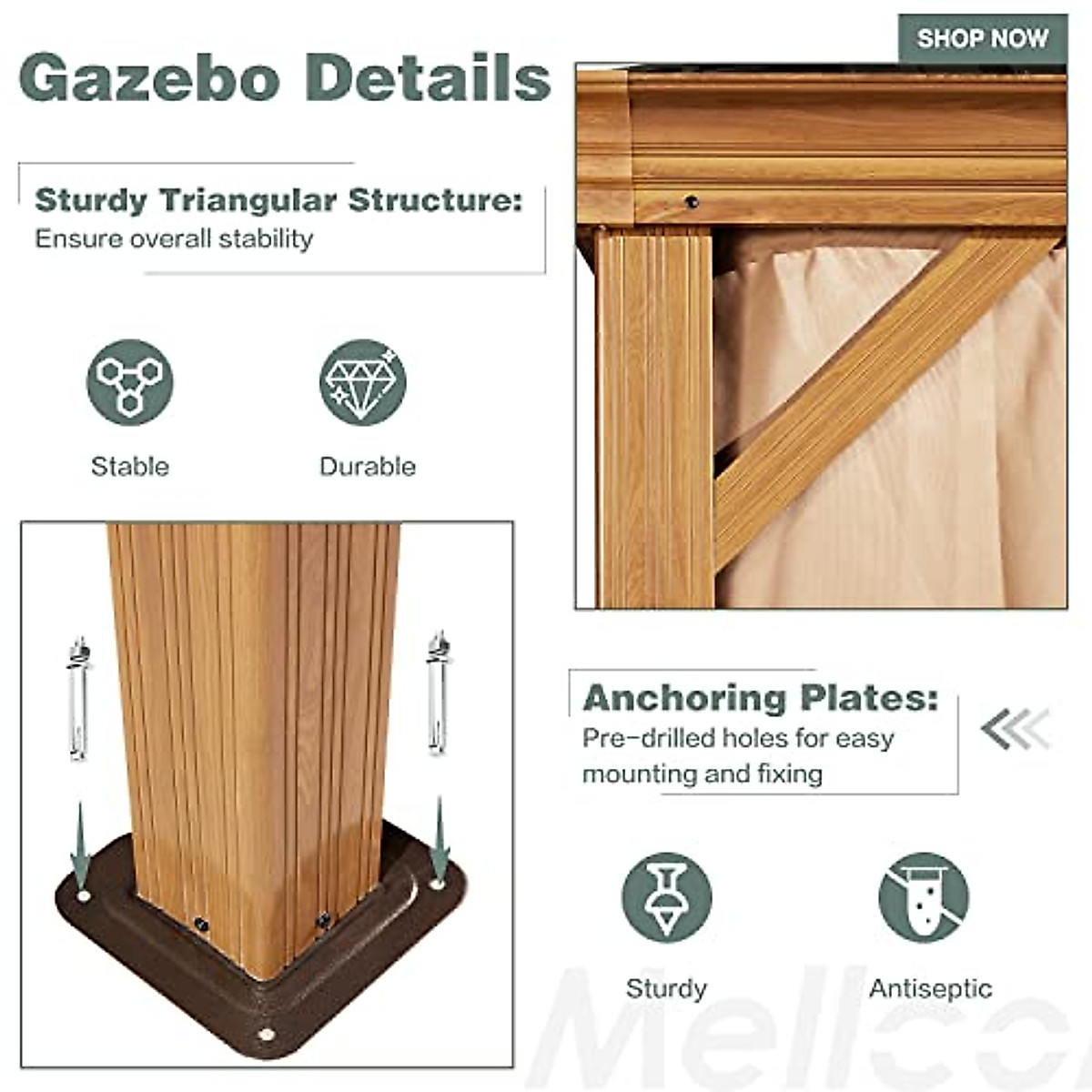 MELLCOM 12' X 14' Hardtop Gazebo, Wooden Finish Coated Aluminum Frame Gazebo with Galvanized Steel Double Roof, Brown Metal Gazebo with Curtains and Nettings for Patios, Gardens, Lawns