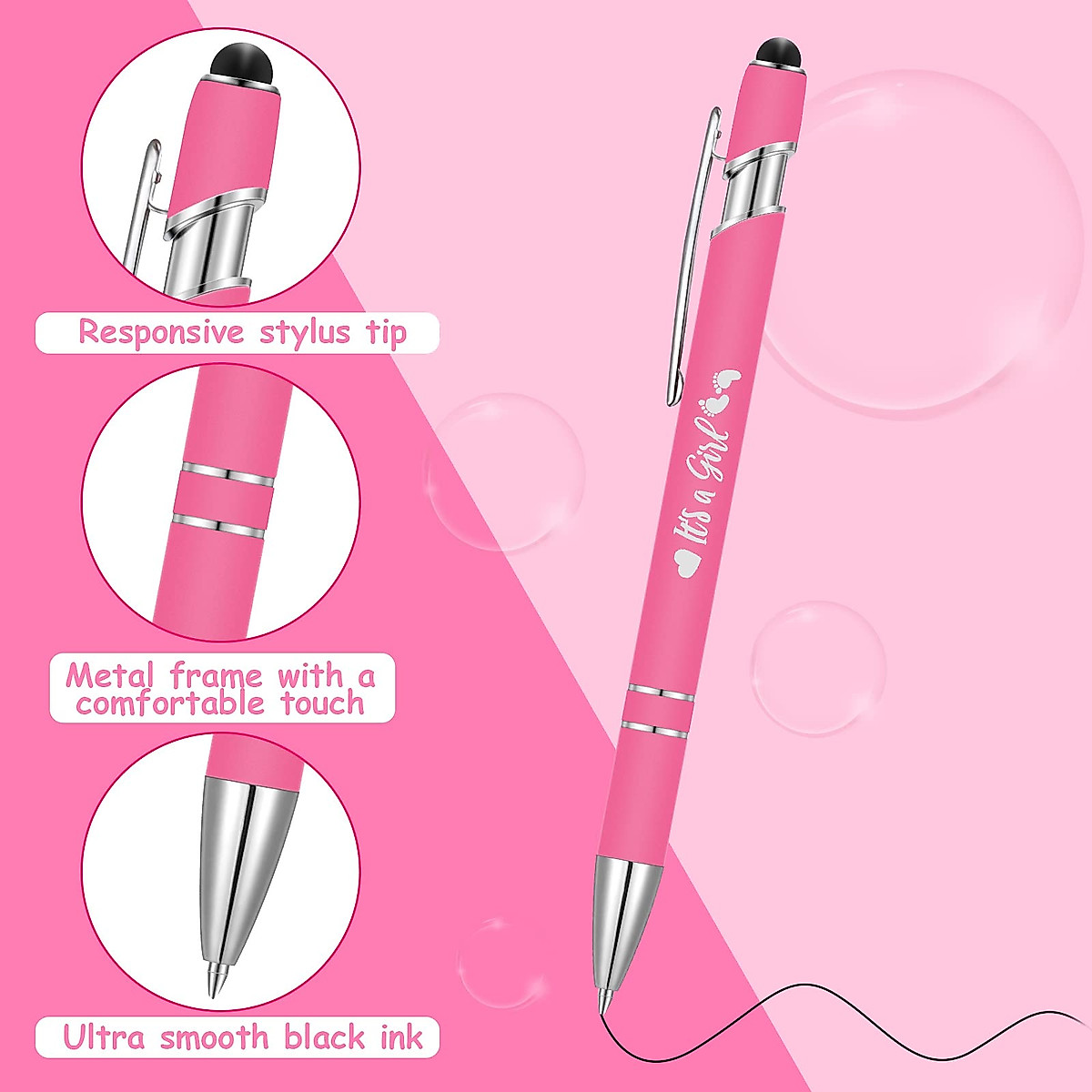 24 Pcs Baby Shower Rose Red Blue Pens It's a Boy/Girl Ballpoint Baby Shower Pens with Stylus Tip Black Ink Retractable Baby Shower Gel Ink Pens for Baby Shower Games Favors Decors (Rose Red, Girl)