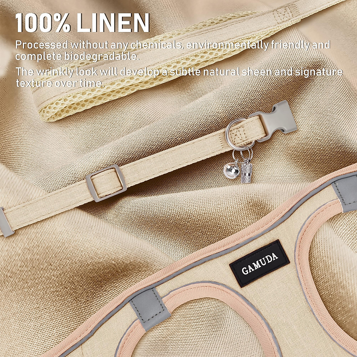 GAMUDA Small Pet Harness Collar and Leash Set, Step in No Chock No Pull Linen Fabric Soft Mesh Dog Vest Harnesses Reflective for Dogs Puppy Cats Kitten Rabbit (Khaki, S)