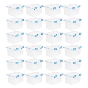 Sterilite 32 Quart Stackable Clear Plastic Storage Tote Container with Blue Gasket Latching Lid for Home and Office Organization, Clear (24 Pack)