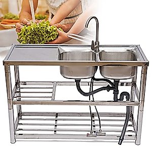 awolsrgiop Kitchen Commercial Left Worktop + Right Sink Stainless Steel Drainage Devices 2 Compartment + Prep Table Bowl Size 13x13x8", Suitable for Washing and Cleaning Food, Fruits, Vegetables