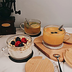 Driony Vintage Coffee Glass Mugs Set of 4, Glass Coffee Tea Cups with Bamboo Lids, Coaster and Spoons,15oz Clear Embossed Drinking Glass Cups,Tea Cups