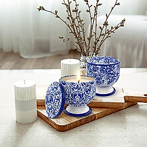 4 Pack Scented Candles, 4oz Soy Wax Portable Tin Candle with Blue and White Pattern, Candle Gift Set for Christmas Thanksgiving and Housewarming