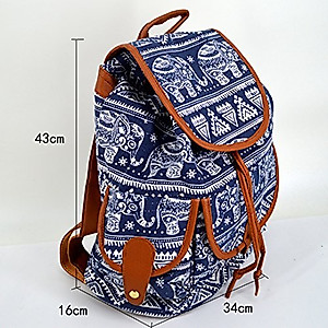 Women Girls Ethnic Style Canvas Drawstring Bag Floral Printing Backpack School Rucksack(Blue)