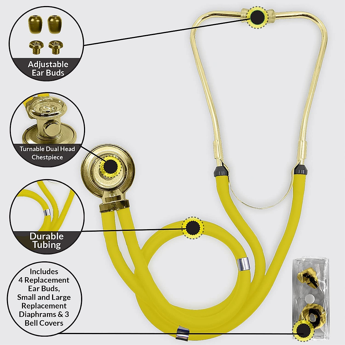 Dixie Ems Sprague-Rappaport Type Two Tube Stethoscope – Yellow with Plated Gold