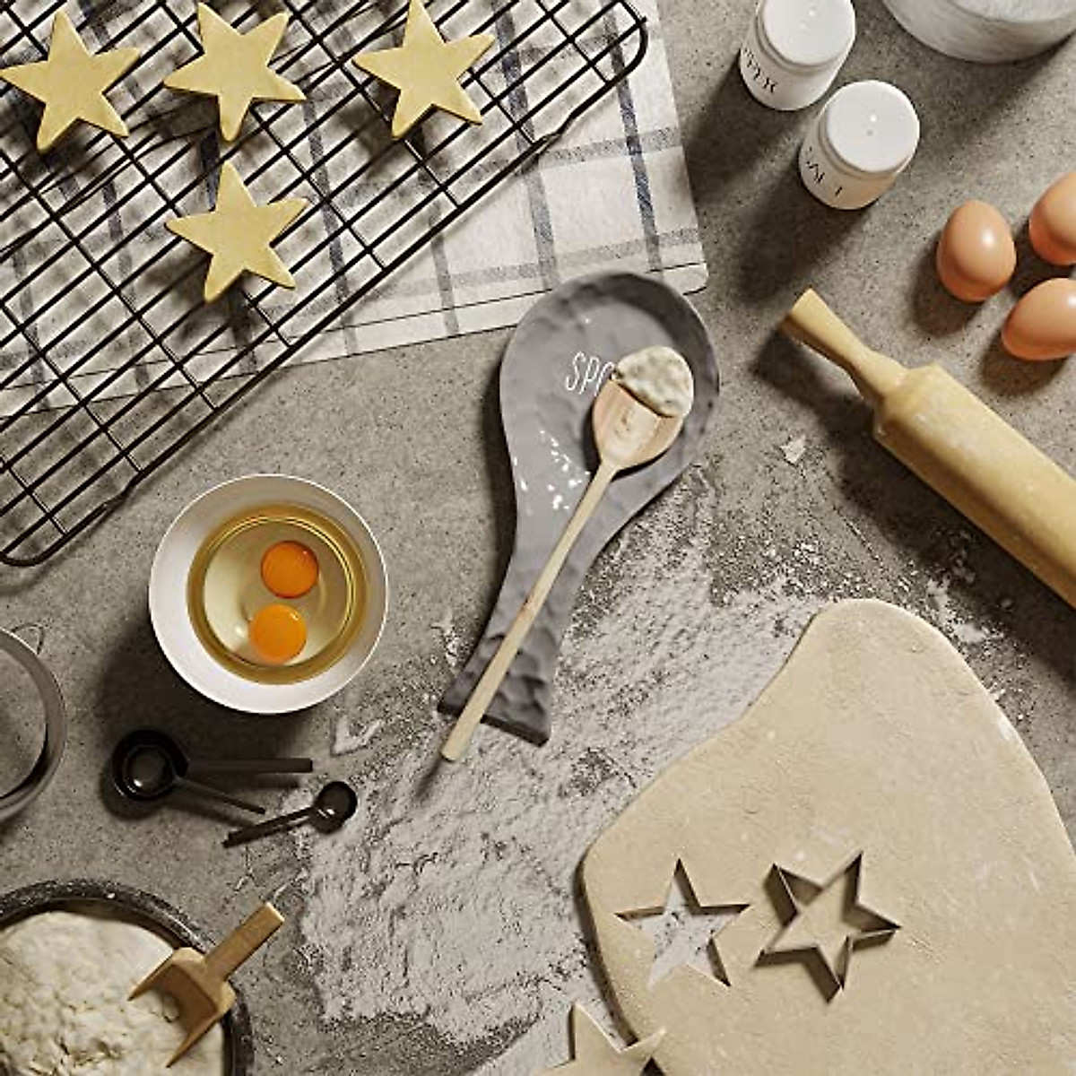 Barnyard Designs Ceramic Spoon Rest for Kitchen Counter or Stove Top, Decorative Cooking Utensil or Spatula Holder, Farmhouse Kitchen Decor, Grey, 9.25" x 4"