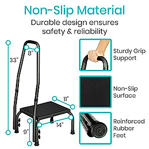 Vive Step Stool with Handle for Elderly and Adults - Bariatric Heavy Duty Footstool Riser for Kids - Platform with Handrail for Kitchen, Bedroom, Bathroom - Portable, Lightweight Step for Senior