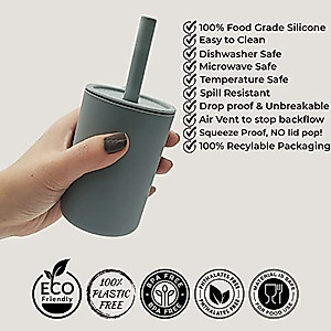 Cascade Kids Silicone Kids Cups with Straws and Lids, (2 Pack),100% Food Grade Silicone,Non Plastic, BPA-Free, Unbreakable, Smell Proof, for Kids and Toddlers 6+ Months, 6oz, (Sage Green, Stone Grey)