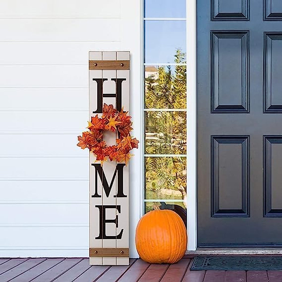 Glitzhome JK44369 Wooden Rustic Farmhouse Wall Hanging Porch Decor with 3 Changeable Floral Wreath, 42”H, Home Welcome Sign for Front Door, Rectangular, White