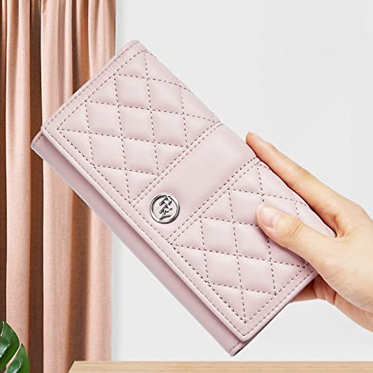 Felomdep Womens Wallet Medium Size Trifold Rfid Blocking Soft PU Leather Large Capacity Long Pink Shopping Wallet For Lady Travel Document Accessories Holder For Passport,Credit Card,Vaccine Card etc