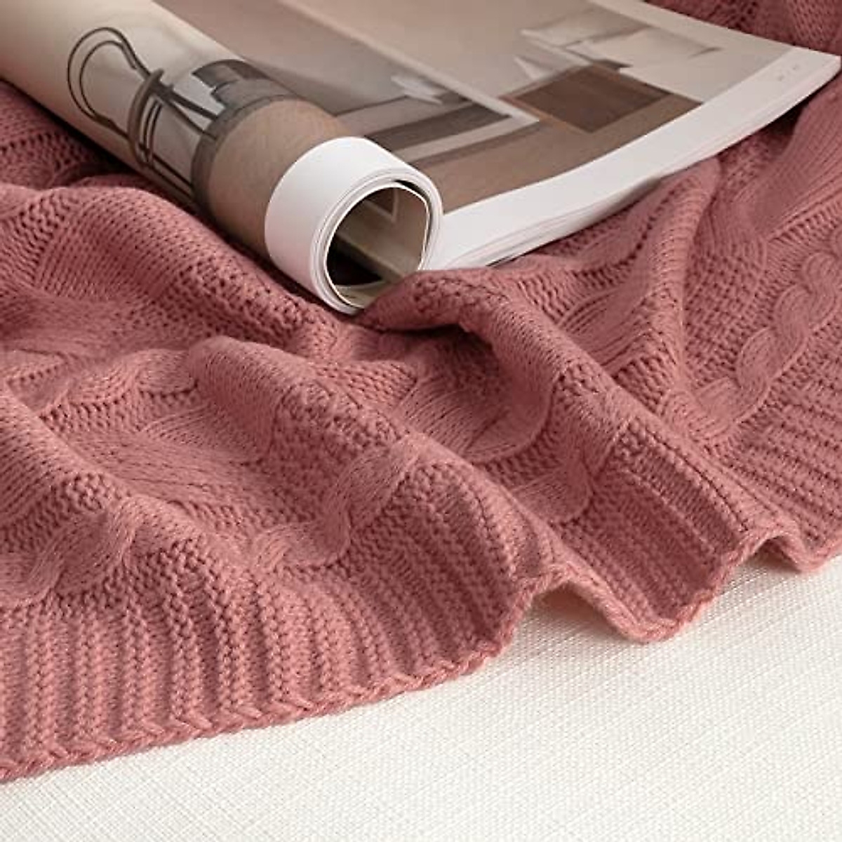 Aormenzy Dusty Pink Knit Throw Blankets Cable Knit Decorative Throw Blanket Dusty Rose Soft Cozy Knitted Blanket for Sofa Couch Bed, 50" x 60"
