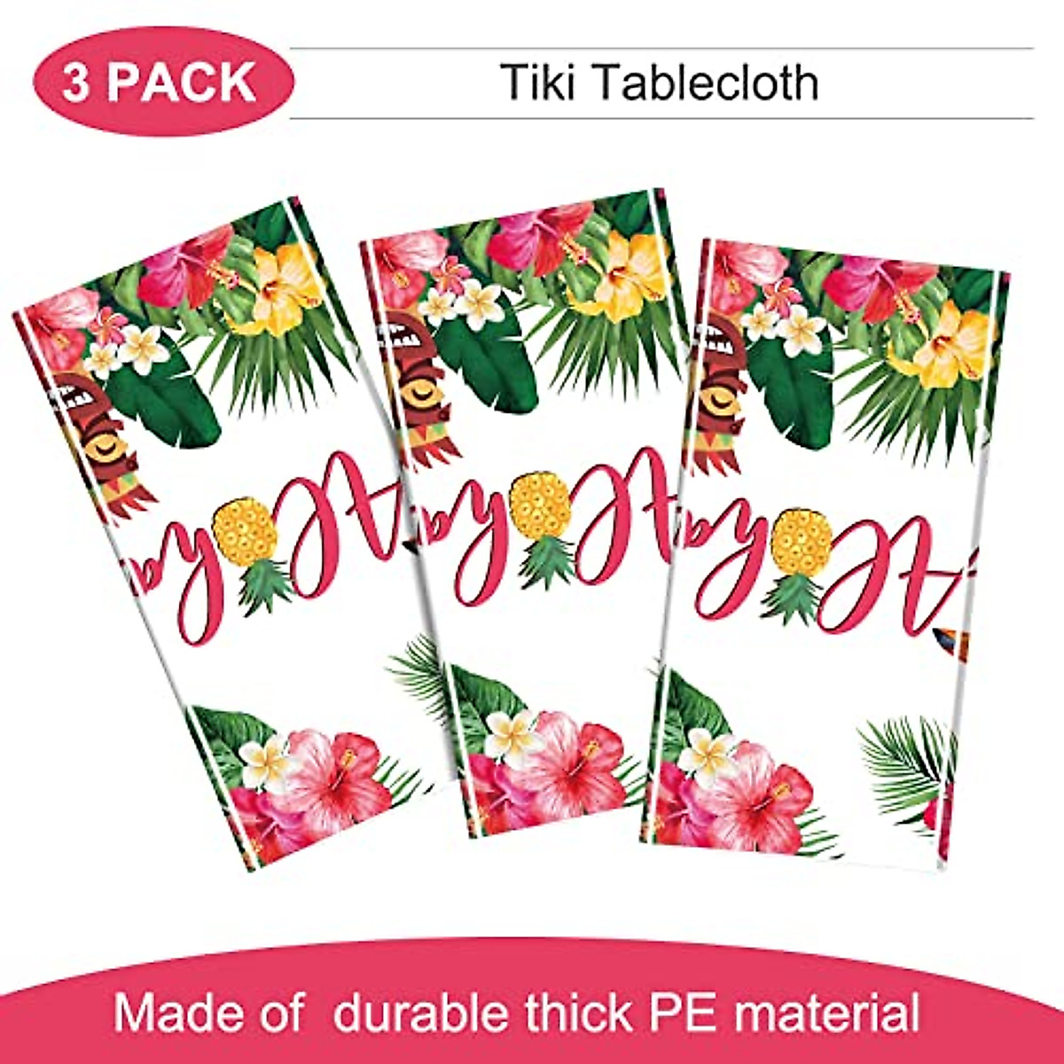 3 Pack Hawaiian Luau Tablecloths, Luau Decoration Aloha Tropical Palm Leaves Table Cloth Hawaii Disposable Plastic Rectangular Table Cover Tiki Party Supplies for Birthday Summer Kid, 54 x 108 Inch