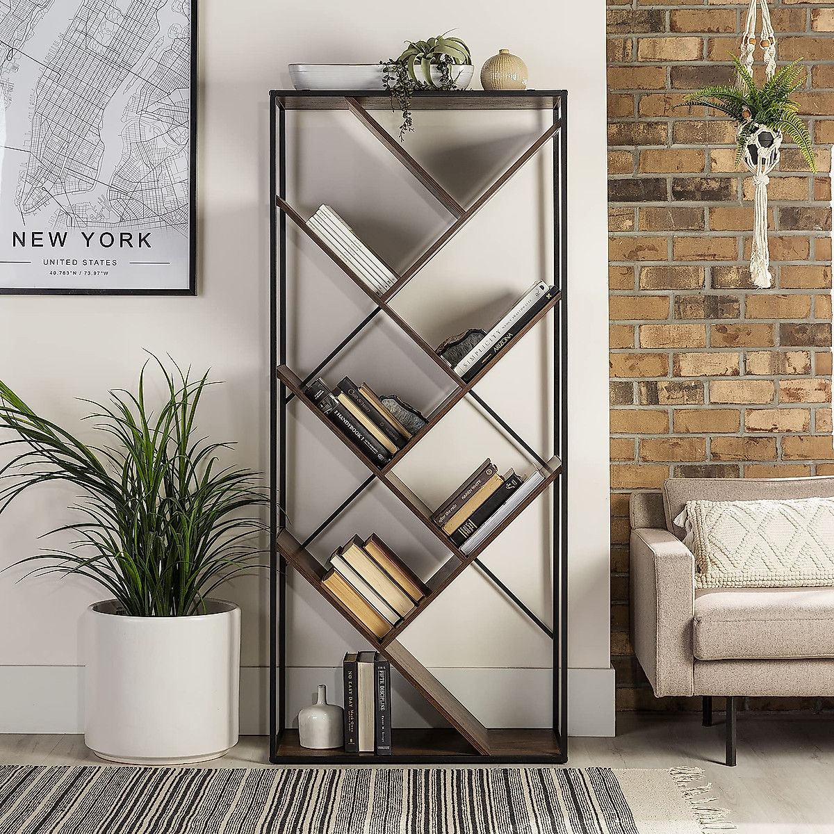 Walker Edison Modern V-Shaped Open Shelf Metal Wood Bookcase Tall Bookshelf Storage Home Office, 68 Inch, Dark Walnut