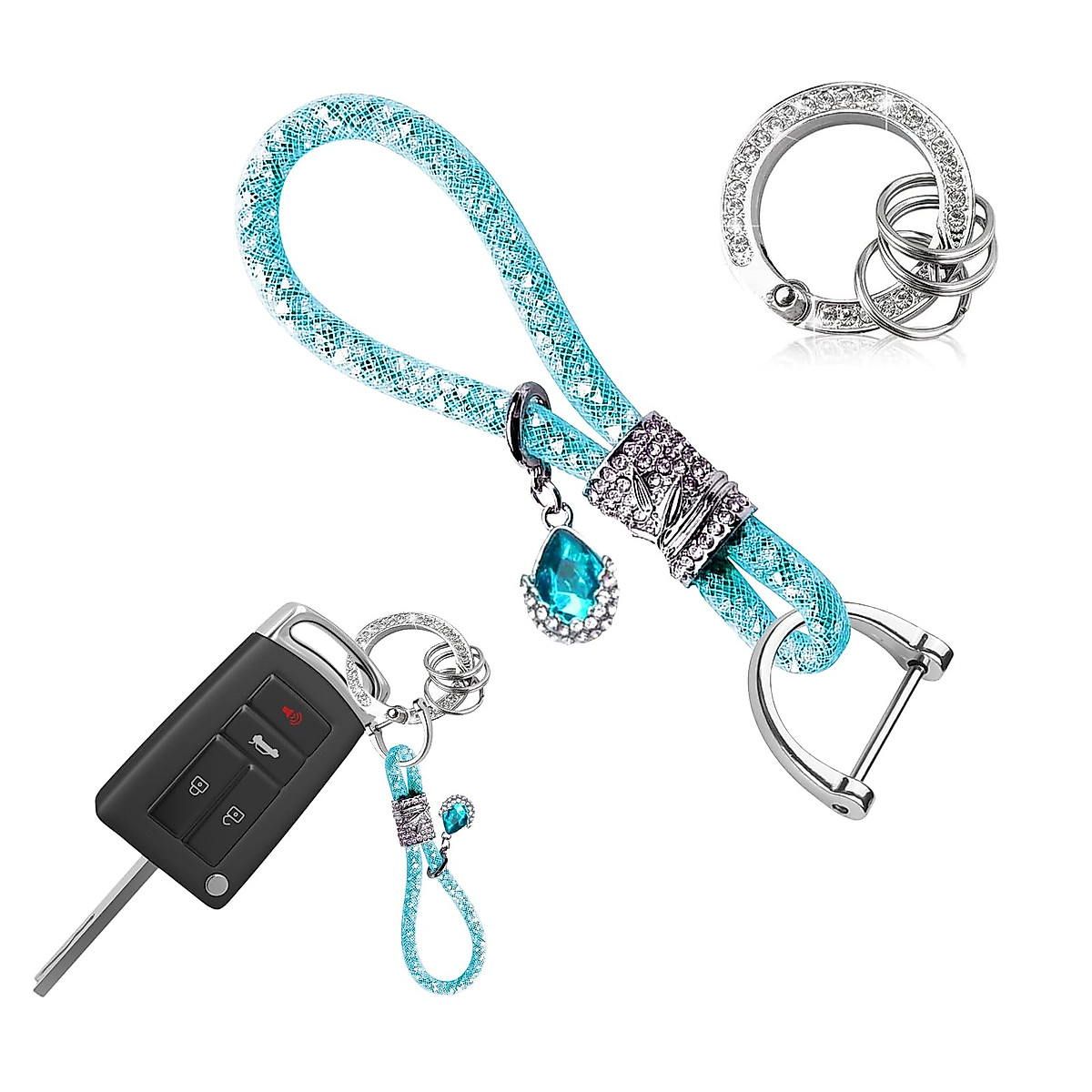 Ziciner Bling Crystal Car KeyChains for Women & Girls, Car Key Chain Glitter Key Ring, Universal Bling Key Chain Accessories (Light Blue)