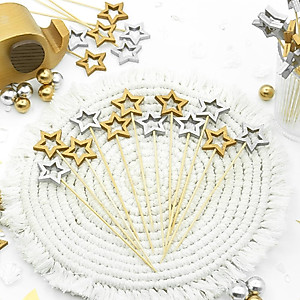 Jiooil Bear Gold Star Bamboo Cocktail Picks, 5.5 Inch Long Decorative Toothpicks Skewers for Appetizers, Fruits and Drink Garnish, Holiday Birthday Party Decorations 50 PCS