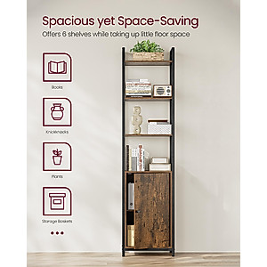 VASAGLE 6-Tier Bookshelf, Tall Bookcase with Door, Steel Frame, Adjustable Shelves, 9.4 x 15.7 x 62.8 Inches, Living Room Bedroom, Rustic Brown and Ink Black ULLS132K01