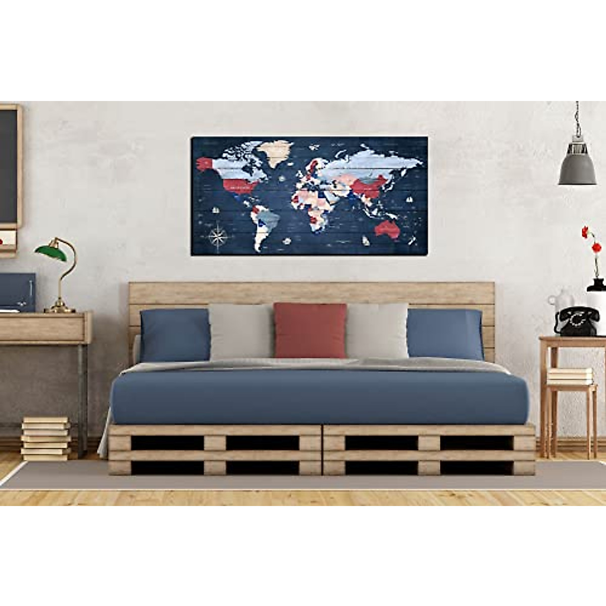 Blue World Map Wall-Art For Office - Large World Maps For Wall - Canvas Wall Art Stretched and Framed Ready to Hang Size 40" x 20"