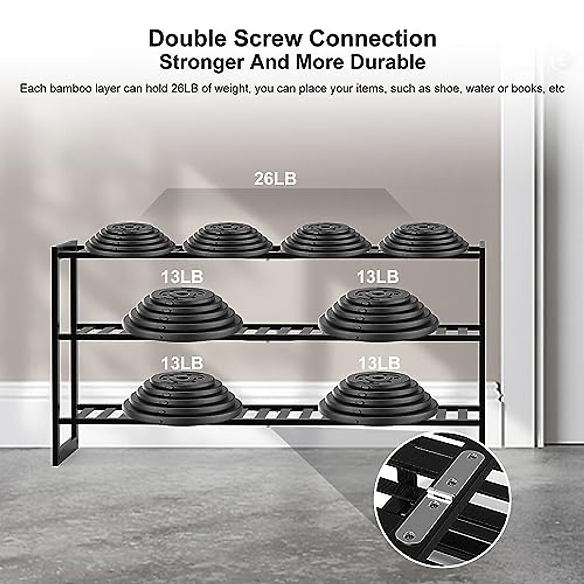 Jripae Bamboo Shoe Rack for Closet, 3-Tier Longer Stackable Dampproof Black Shoe Organizer Free Standing Shoe Racks for Entryway Closet Hallway Waterproof