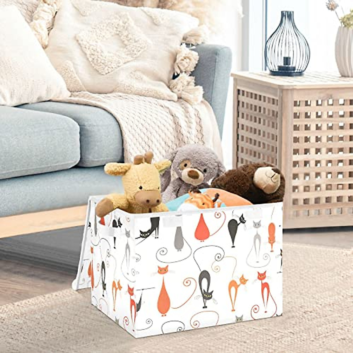 WELLDAY Kawaii Cat Storage Baskets Foldable Cube Storage Bin with Lids and Handle, 16.5x12.6x11.8 In Storage Boxes for Toys, Shelves, Closet, Bedroom, Nursery