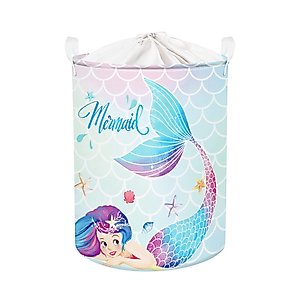 Clastyle 45L Colorful Mermaid Blue Girls Laundry Hamper Starfish Seashells Round Toy Clothes Storage Basket for Kids Room, 14.2x17.7 in