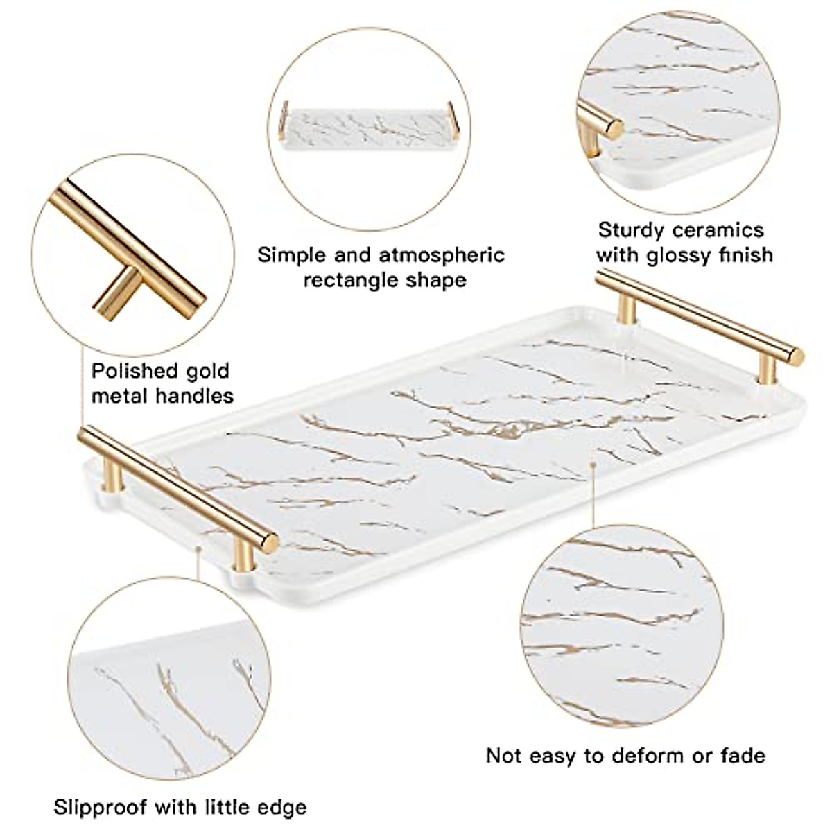 Ottoman Coffee Table Serving Tray, Large White Ceramic Decorative Trays for Coffee Table, Entryway Table, Console Table, Kitchen Island, Organizer Vanity Tray for Jewelry & Perfume (Gold Foiling)