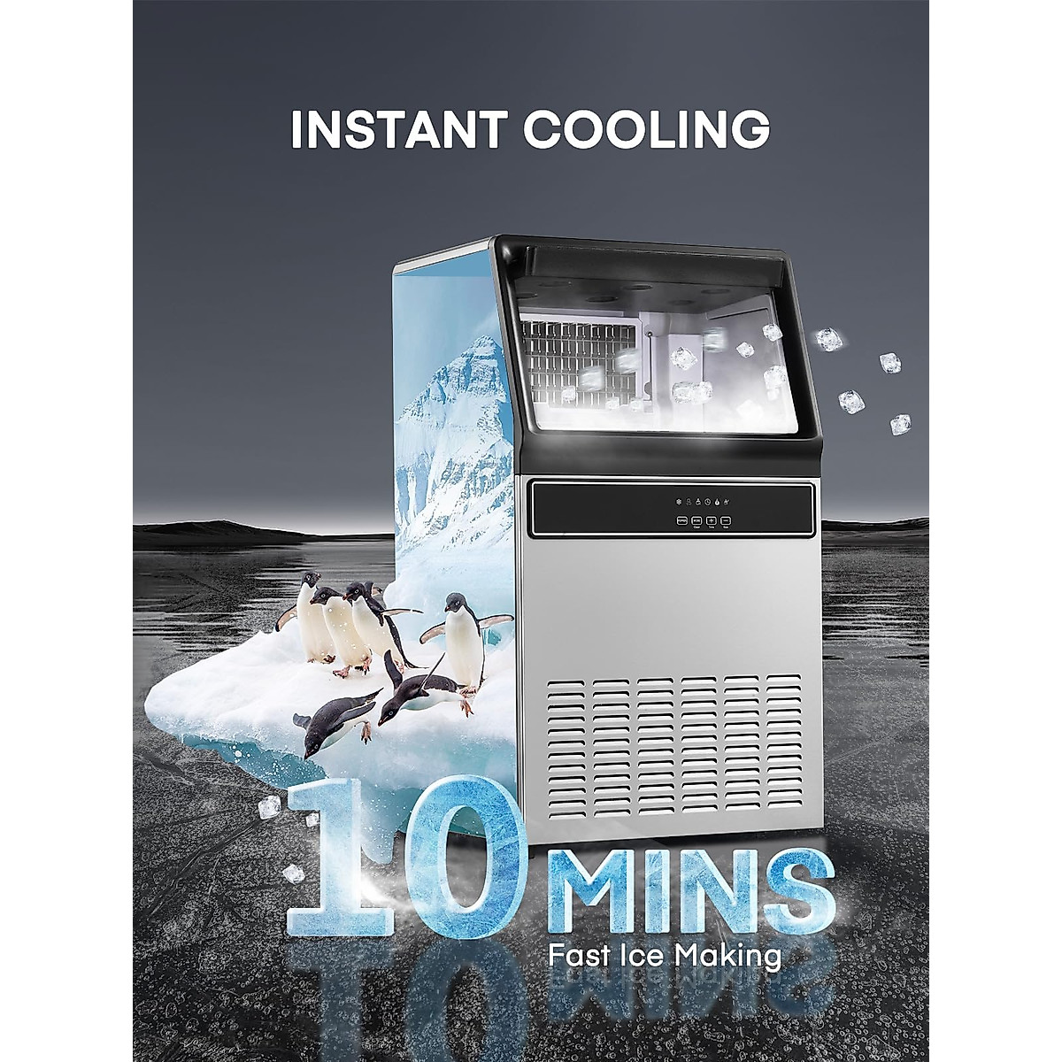 Commercial Ice Maker Machine 100lbs per 24H, All-Around Stainless Steel Under Counter Ice Machine with 33lbs Ice Storage Capacity, Freestanding Ice Maker FOHERE, Black