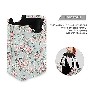 MNSRUU Laundry Bag with Handles, Stylish Pink Flowers Blue Foldable Collapsible Laundry Basket Hamper for Laundry Room Decor and Accessories Bathroom Organization and Storage