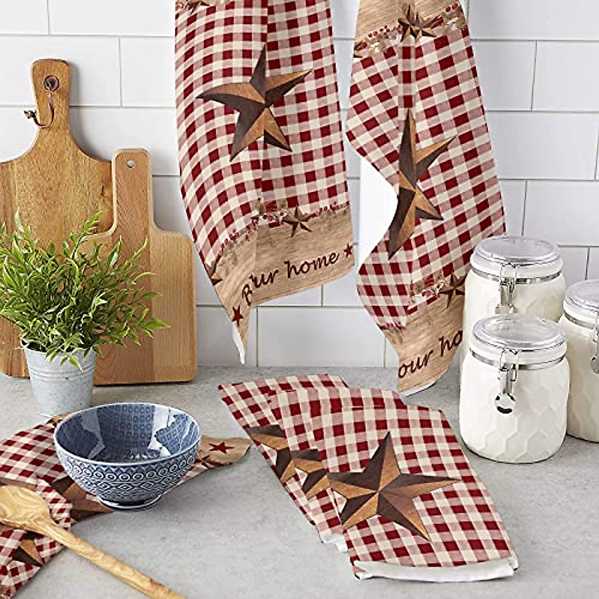 ArneCase Kitchen Towels Super Soft Dish Towels Bless Our Home Western Texas Star with Berries on Retro Red Plaid Heat-Insulation Dish Cloths for Cooking, Cleaning 3PCS-18x28 inch
