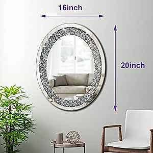 DMDFIRST Crystal Crushed Diamond Oval Shaped Glam Bling Silver Mirror for Wall Decoration 16x20x0.9 inch Wall Hang Frameless Sparkly Mirror Glass Stunning Home Diamond Decor