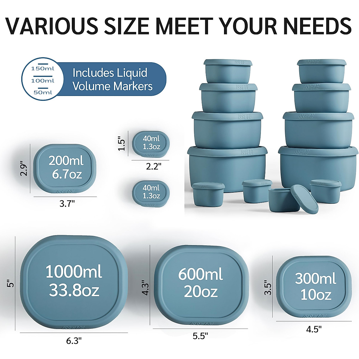 ISSEVE 12Pcs/Set Nesting Silicone Food Storage Containers with Lids, BPA Free Reusable Meal Prep Silicone Containers Airtight, Freezer Dishwasher Safe (33.8oz, 20oz, 10oz, 6.7oz, 1.3oz) (Blue)