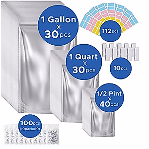 Seepace 100 Mylar Bags for Food Storage with Oxygen Absorbers 400cc(10 pack of 10) - 1 Gallon (30pcs) - 1 Quart (30pcs) - 1/2 Pint (40pcs) - 10 Mil Thick - 112 Labels - 10 Sealing Clips for Mylar Bags