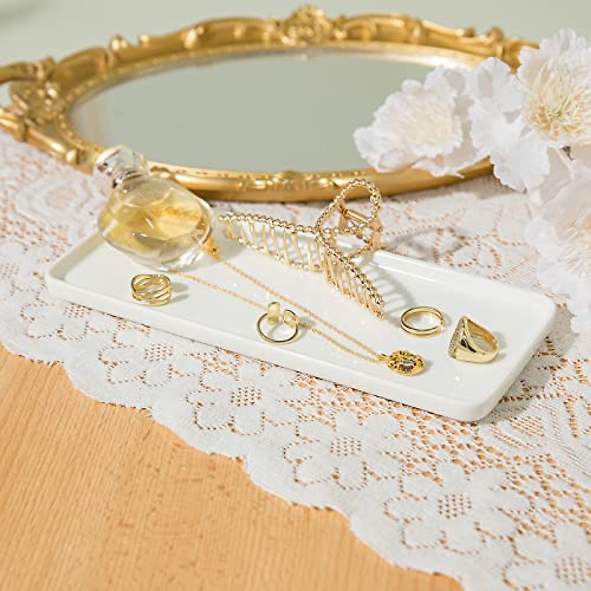 Ceramic Tray, Bathroom Sink Tray, Kitchen Countertop Tray, Vanity Tray, Cosmetics Dish, Candle Tray, Dessert Tray, Perfume Shampoo Liquid Soap Tray,Simple Style Design Suit for Home (White)