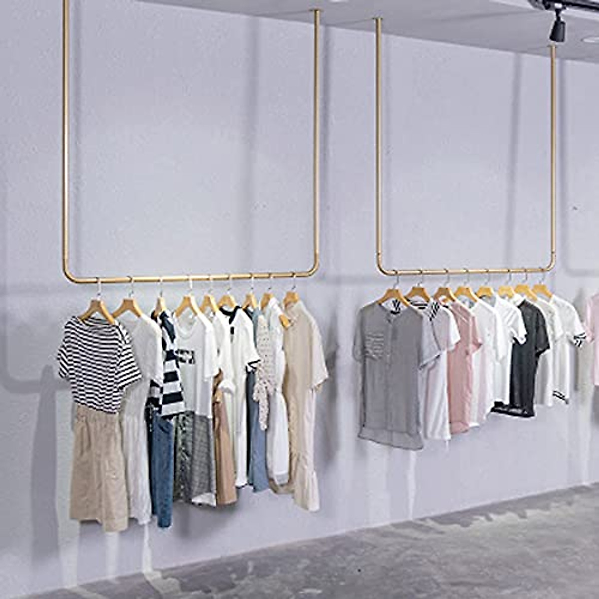 NEOCHY Wall-Mounted Clothes Rail, Ceiling-Mounted Clothes Display Rack, Detachable Hanger, Loft Design Hanger/Golden/120X150Cm