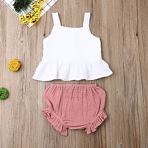 Toddler Kids Baby Girl Cotton Ruffle Halter Tank Top+ Bowknot Shorts Outfits 2PCS Set (A Pink, 2-3 Years)