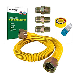 PROCURU 5/8" OD x 12" (1Ft) Universal Gas Flex Connector Kit, Weatherproof Stainless Steel Pipe, Yellow Coated, for Stove, Range, Furnace (Green Series)