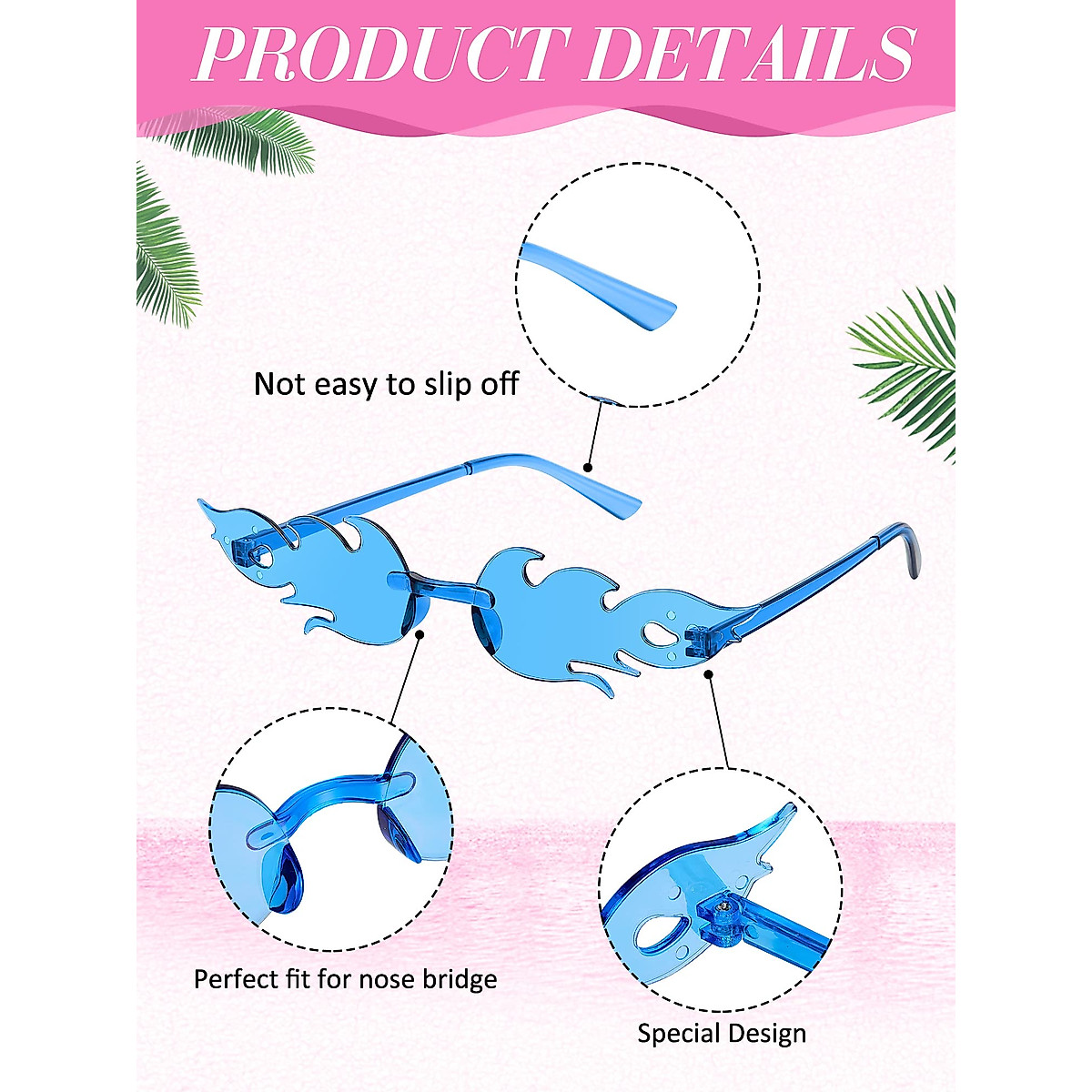 Dunzy 12 Pairs Fire Shaped Sunglasses Rimless Flame Glasses Wave Fire Y2K Glasses Frameless Eyewear(Stylish Colors)