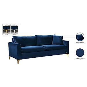 Meridian Furniture Naomi Collection Stainless 1 Modern | Contemporary Velvet Upholstered Sofa with Stainless Steel Base in a Rich Gold or Chrome Finish, Navy