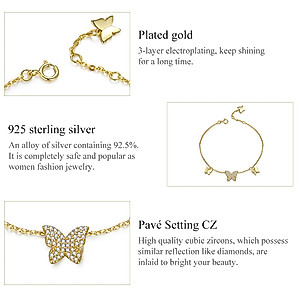 Dainty Butterfly Bracelet 925 Sterling Sliver Bracelet 14k Gold Plated Adjustable Chain with Cubic Zirconia Link Cute Animal Butterflies Gold Bracelet for Women Sparkling Jewelry