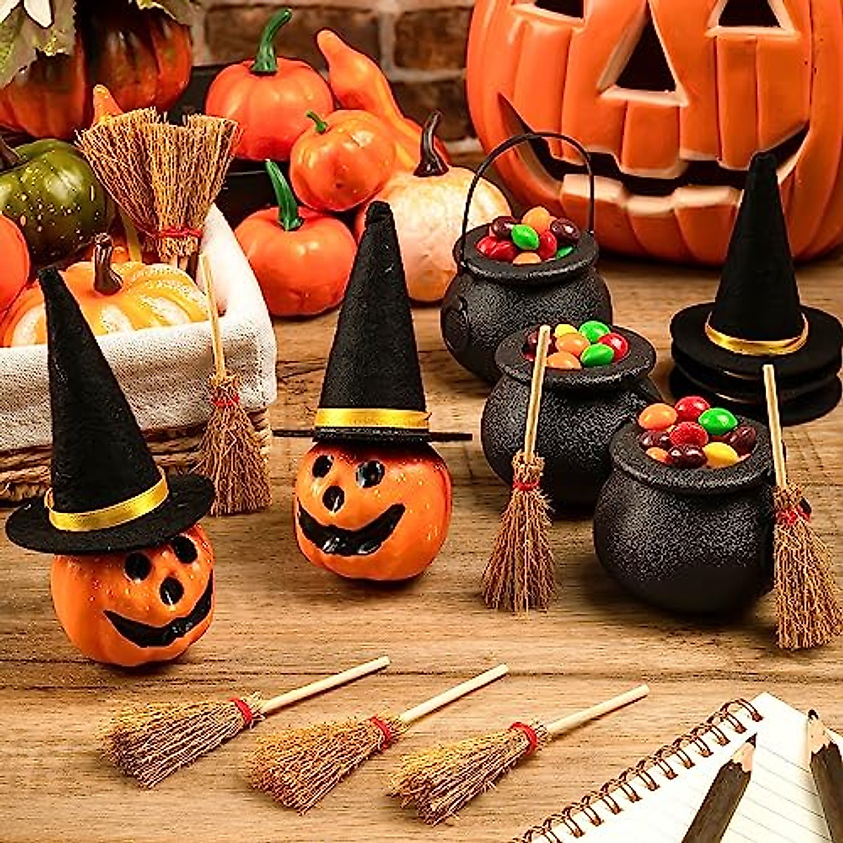 ZHWKMYP Mini Witch Hats and Brooms, 12Pcs Small Witch Hat for Crafts Kit, Witches Broom and Black Candy Cauldron Kettles for Halloween Decorations Party Supplies
