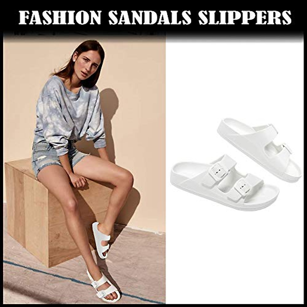 Athlefit Women's Double Buckle EVA Sandals Comfortable Rubber Waterproof Plastic Two Strap Footbed Foam Slip on Slide White Sandals Size 8