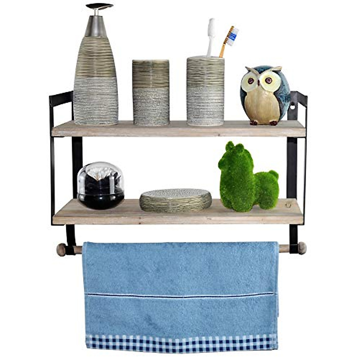 Spiretro Floating Shelves 2 Tier Wall Shelf, Spice Rack with Towel Tissue Bar, Metal Hooks Organize Mugs Utensils, Home Storage for Kitchen, Bathroom, Rustic Wood_Grey