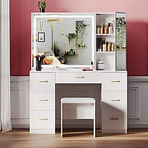 Wildhome Vanity Set with Lighted Mirror,Extra Large Mirror Makeup Vanity Table with 7 Drawers&Cushioned Stool,Dressing Table with Drawers, Bedroom Vanity Desk for Women, White