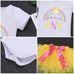 You Are My Sunshine Baby Girl 1st First Birthday Cake Smash Outfit Rainbow One Year Old Party Clothes Cotton Short Sleeve Romper Yellow Princess Tutu Tulle Skirt Flower Headband 3pcs Set Yellow