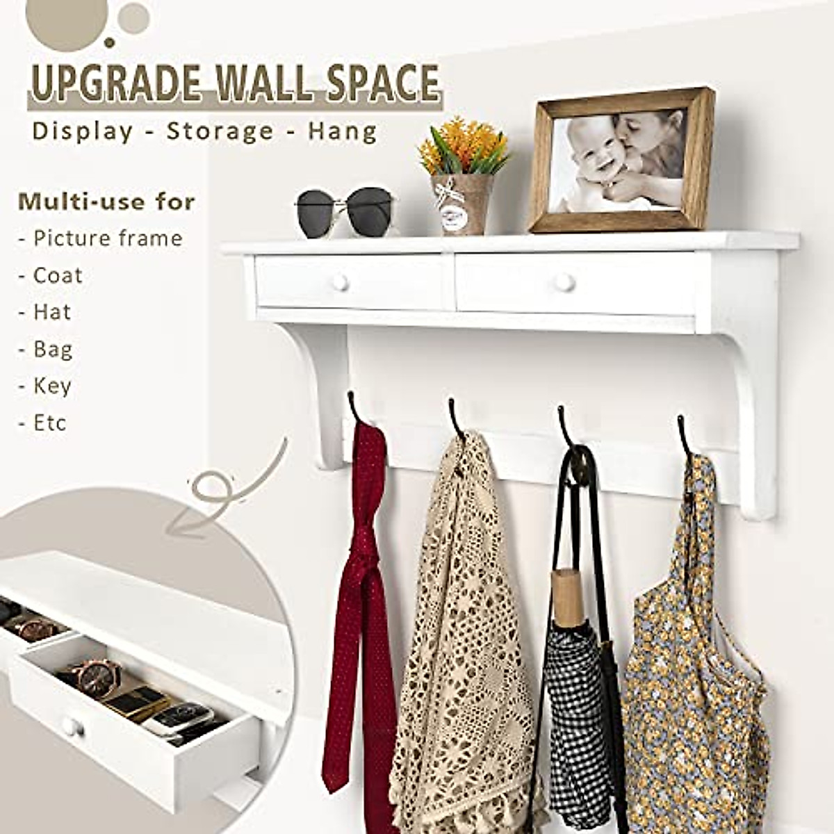 Emfogo Coat Hooks Wall Mounted, 23'' Rustic Wood Coat Rack Wall Mount Shelf with Hooks, Farmhouse Wall Coat Rack with Shelf & Vintage Coat Hook for Entryway, Mudroom, Bedroom, Kitchen, Bathroom