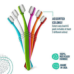 Preserve Eco Friendly Adult Toothbrushes, Made in The USA from Recycled Plastic, Lightweight Paper Packaging, Ultra Soft Bristles, Colors Vary, 6 Pack