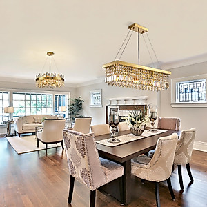 Siljoy 6-Light Modern Crystal Chandelier Rectangular Gold K9 Crystal Raindrop Chandelier for Dining Room, Luxury Adjustable Ceiling Pendant Light for Living Room Kitchen Island L31.5'' x W10'' x H10''