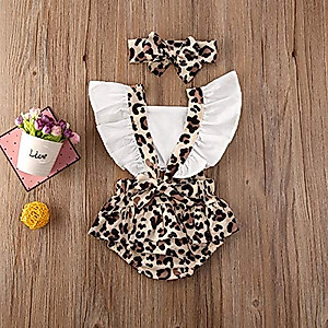 2Pcs Newborn Baby Girl Leopard Ruffles Sleeve Bodysuits Jumpsuit Headband Clothes Romper Set (A-Leopard, 0-6 Months)